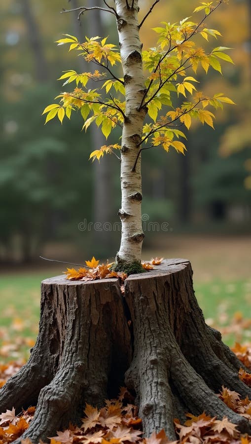 Birch Tree Sprouting from Old Weathered Stump Autumn Leaves Scattered ...