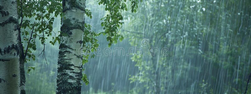Birch Tree in Summer in Heavy Rain Storm. Stock Illustration ...