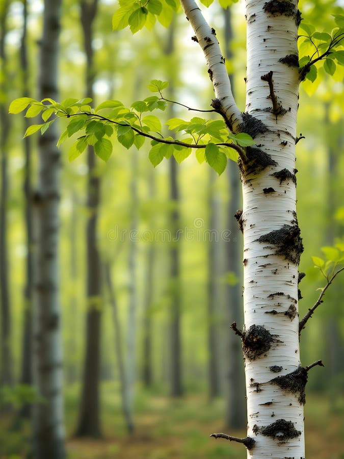 Birch Tree with White Bark and Green Leaves in the Springtime. Forest ...