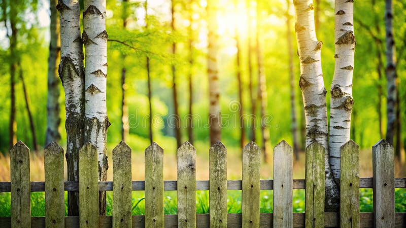 Serene Birch Tree Fence with Lush Green Nature - Generative AI Stock ...