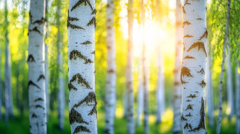 Birch Trees Bathed in Sunlight in a Tranquil Forest, Featuring a Soft ...
