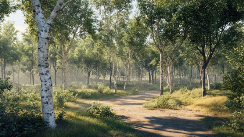 Birch Trees Creating Magical Forest Landscape Winding Path Stock Photos ...