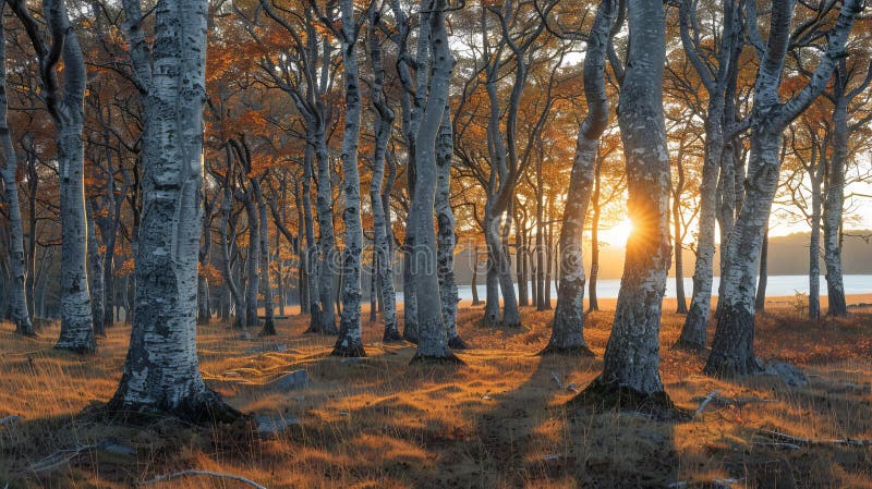 Birch Trees in the Forest at Sunset Stock Image - Image of generated ...