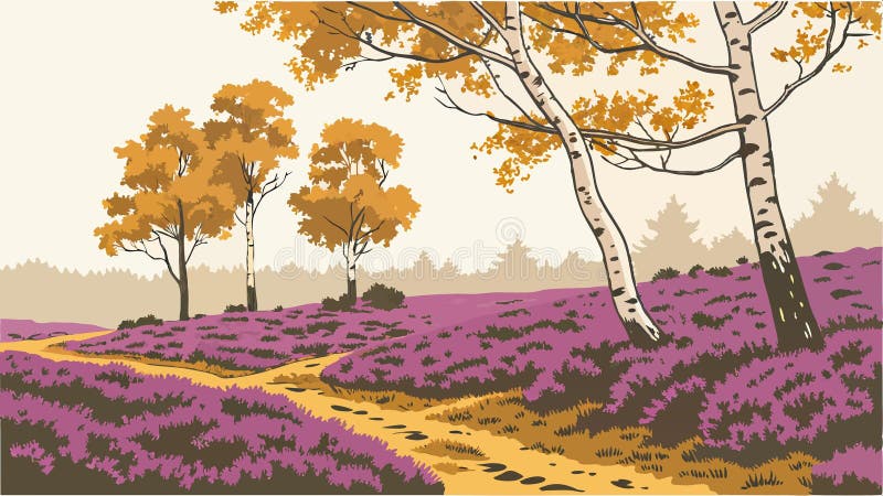 Birch Trees and Heather Field, Purple Nature Landscape Vector Design ...