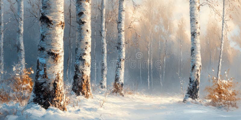 Birch Trees in Winter Forest. Painting of a Snowy Landscape Stock ...