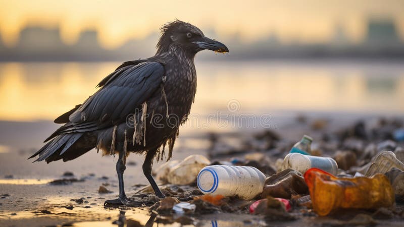 Bird Amidst Plastic Pollution on Beach Stock Image - Image of ecosystem ...