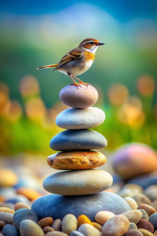 Bird on Balanced Stack of Stones in Nature Stock Photo - Image of calm ...