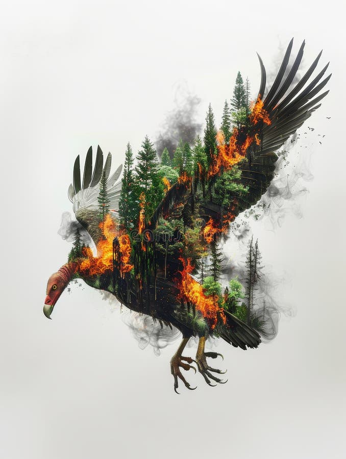 Bird with Body of Burning Forest in Red Flame and with Black Thick ...