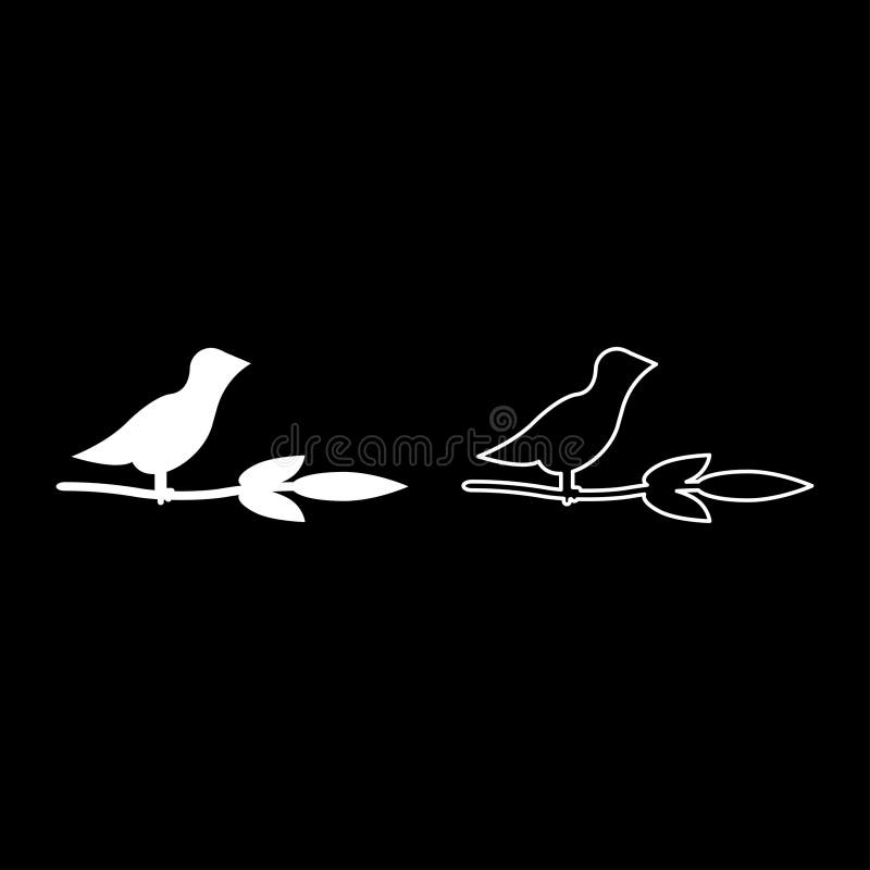 Bird on Branch with Leaves Silhouette Spring Concept Set Icon White ...