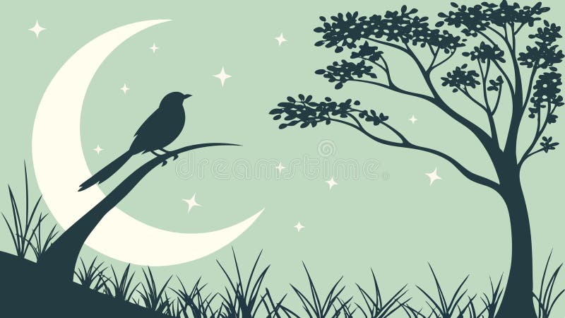 Bird on Branch Moonlight Scene, Serene Night Nature View, Vector Design ...