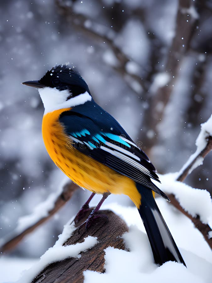 Bird on a Branch of a Tree in Snow Forest , AI Generated Stock ...