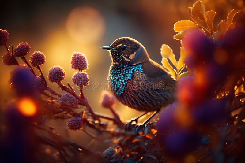 A Bird between Branches, Bright and Luminous Colors, at Sunset. Ai ...