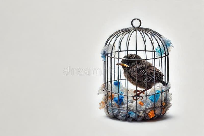 A Bird in a Cage Filled with Plastic Garbage. Space for Text. Stock ...