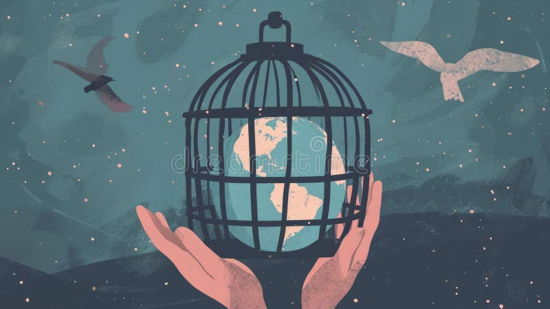 Bird Cage with Human Hands and Planet Earth in it. Illustration Stock ...