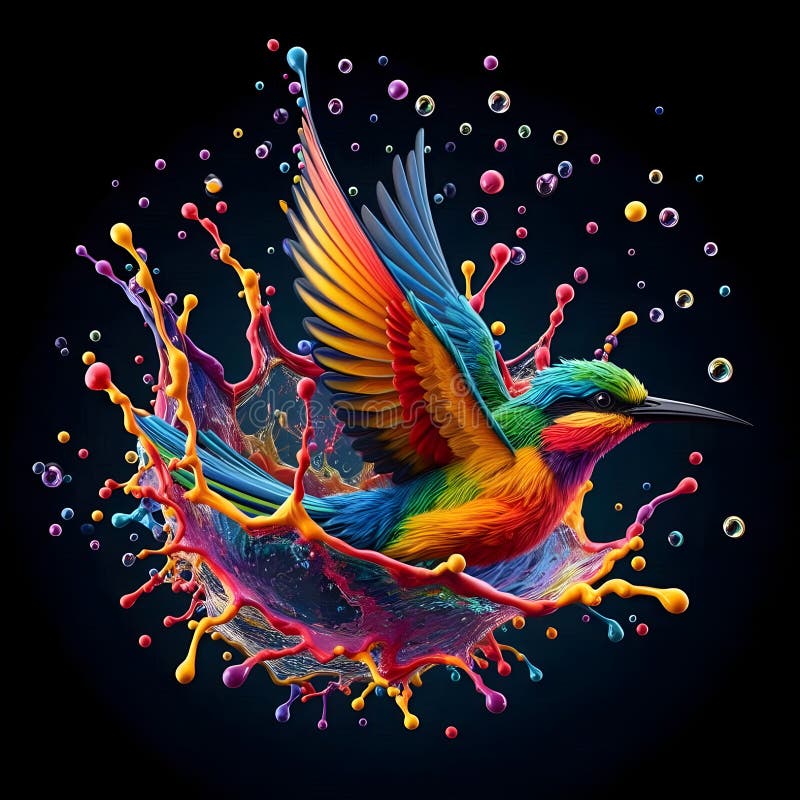 Bird Diving into a Multi-colored Water Surface Whereby Creating Complex ...