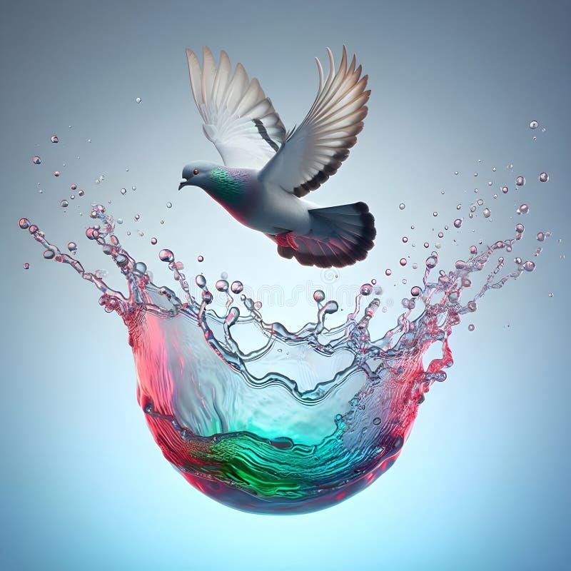 Bird Diving into a Multi-colored Water Surface Whereby Creating Complex ...
