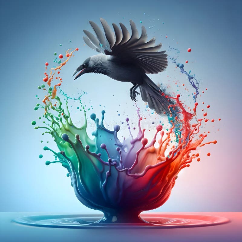 Bird Diving into a Multi-colored Water Surface Whereby Creating Complex ...