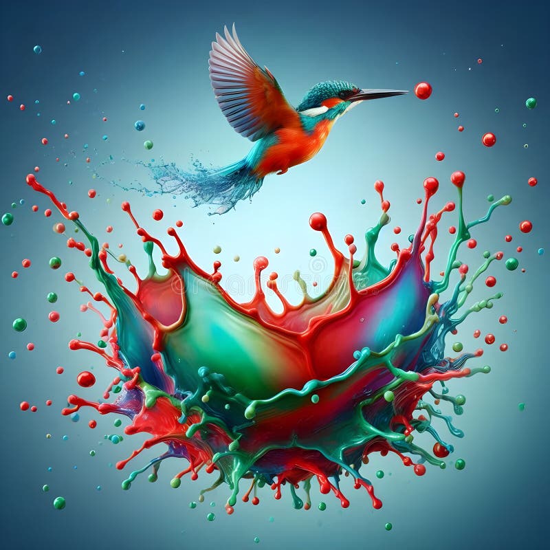 Bird Diving into a Multi-colored Water Surface Whereby Creating Complex ...