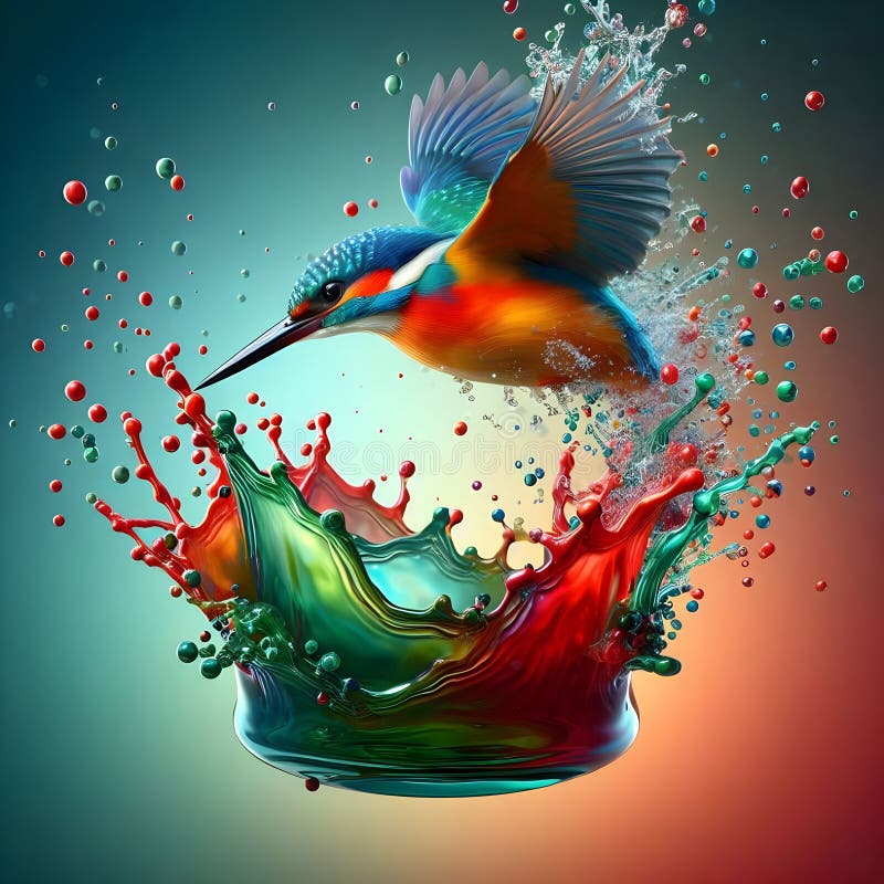 Bird Diving into a Multi-colored Water Surface Whereby Creating Complex ...