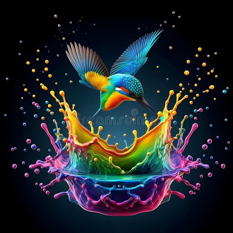 Bird Diving into a Multi-colored Water Surface Whereby Creating Complex ...