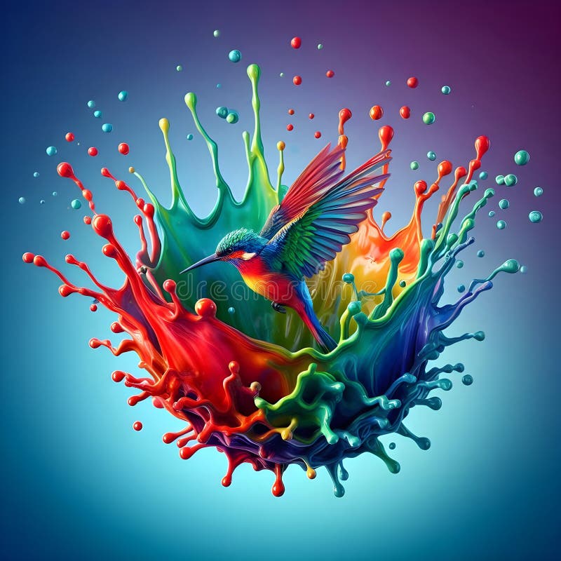 Bird Diving into a Multi-colored Water Surface Whereby Creating Complex ...