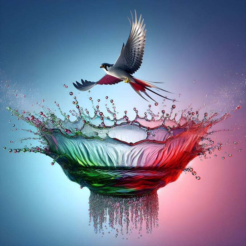 Bird Diving into a Multi-colored Water Surface Whereby Creating Complex ...