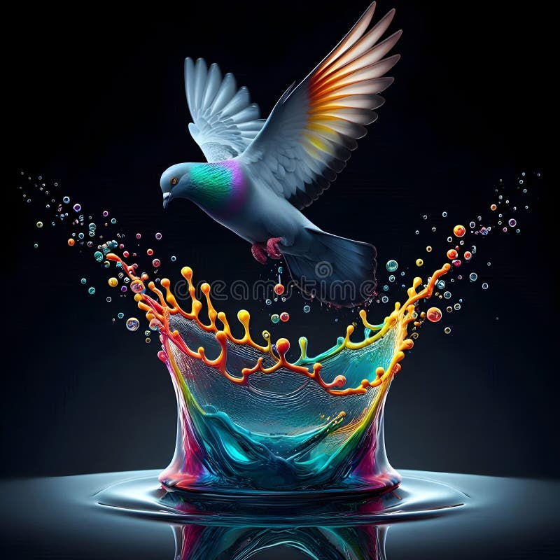 Bird Diving into a Multi-colored Water Surface Whereby Creating Complex ...