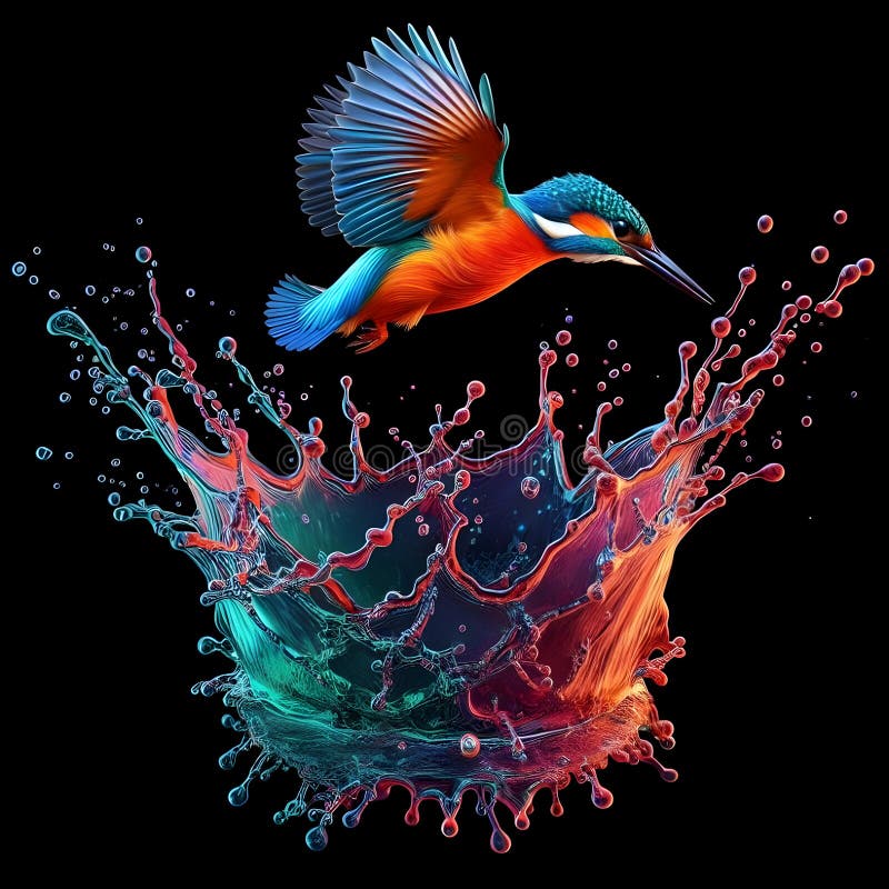 Bird Diving into a Multi-colored Water Surface Whereby Creating Complex ...