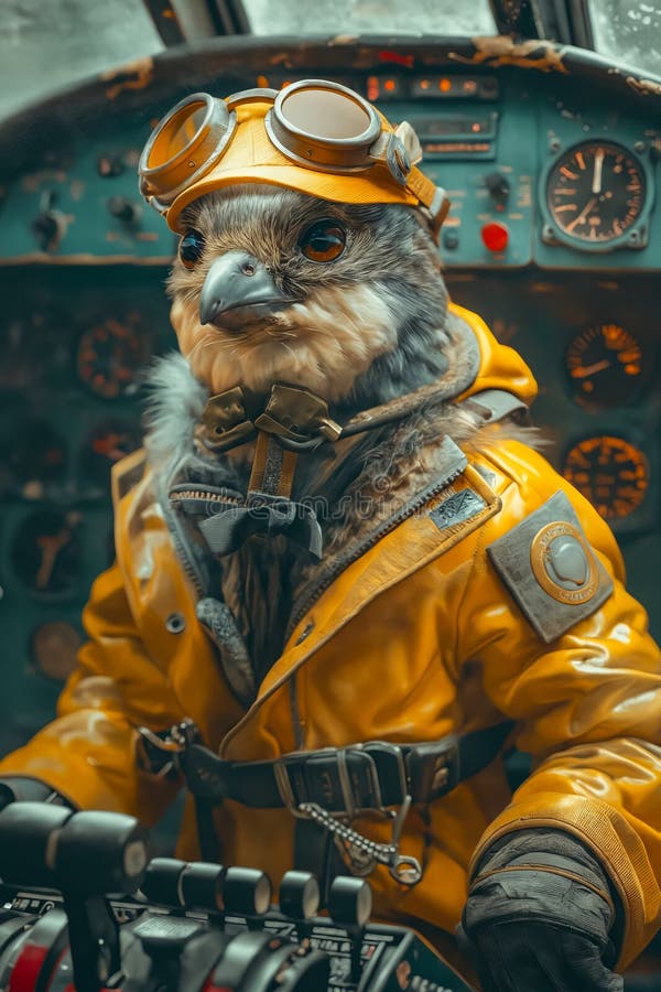 A Bird Dressed As an Eagle Pilot in a Yellow Jacket and Goggles ...