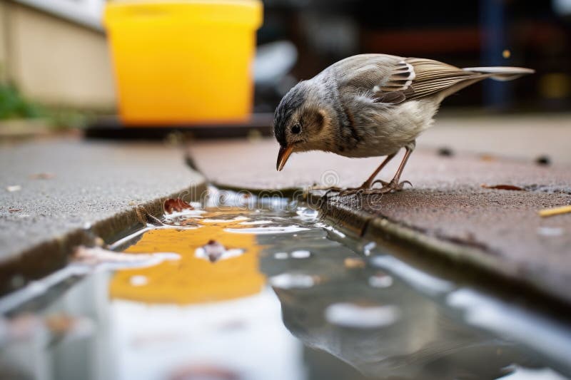 A Bird Drinking from a Puddle on a Rainwater Collection Tray Stock ...