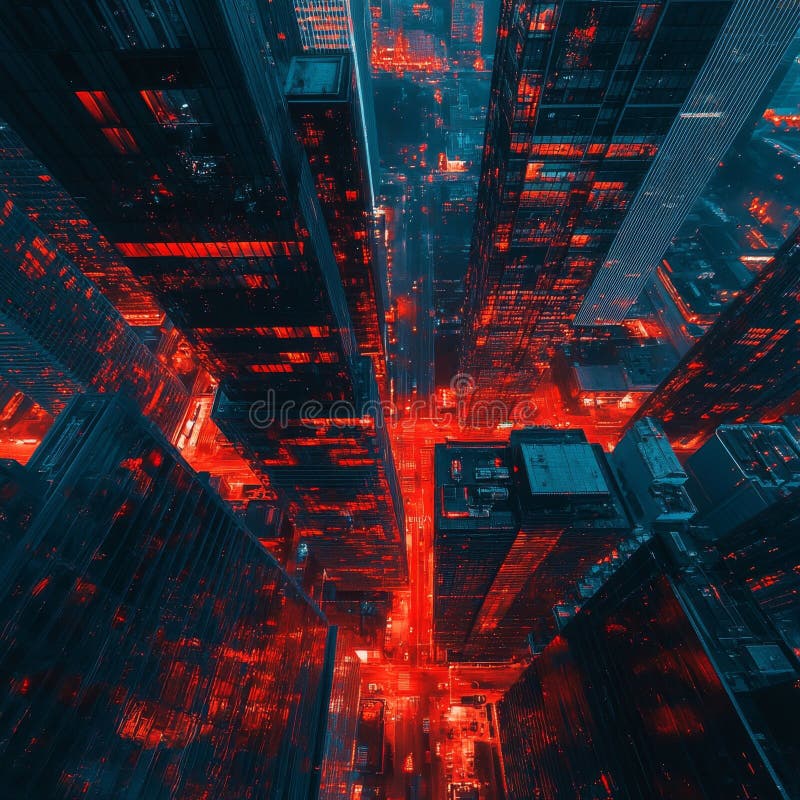 Bird Eye View of a Modern Skyscraper with Retro Neon Lights. Stock ...