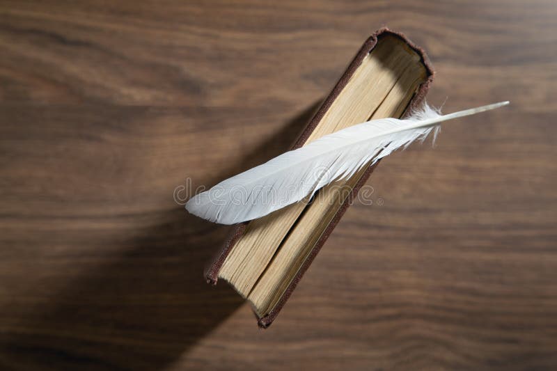 Bird Feather and Book on the Wooden Table Stock Image - Image of poem ...