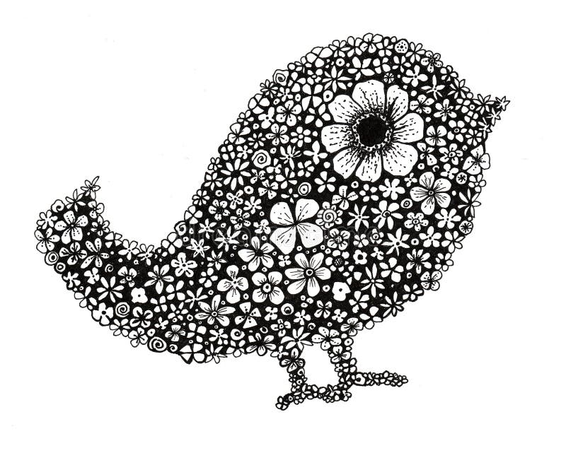 Bird Filled with Floral Pattern in Black Color. Isolated on White ...