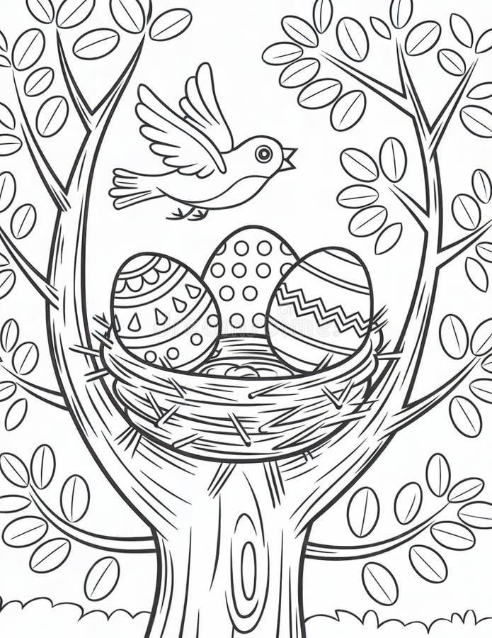 A Bird is in Flight Above a Nest Holding Three Easter Eggs Stock ...