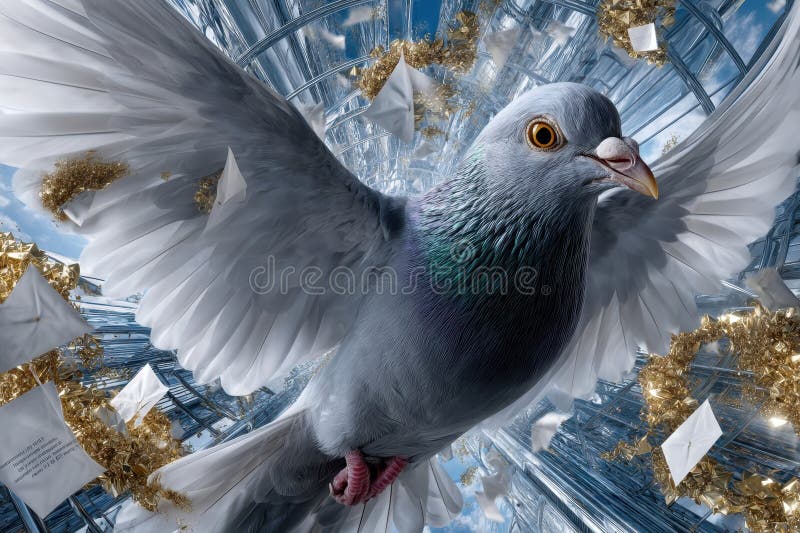 Bird in Flight Surrounded by Envelopes and Sparkling Objects Against a ...