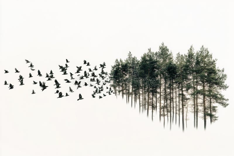 Bird Flock Transforms into a Ridge of Pine Trees Showcasing Natures ...