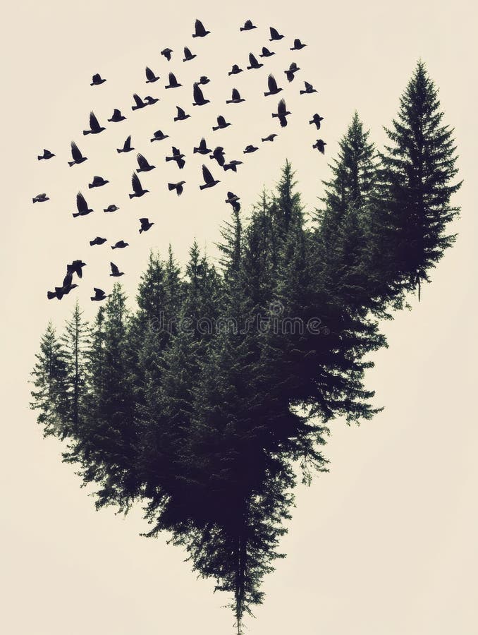 Bird Flock Transforms into a Ridge of Pine Trees Showcasing a Unique ...