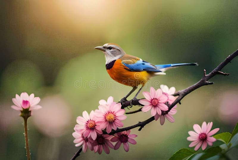 Bird on a Flower Robin on a Branch Stock Illustration - Illustration of ...