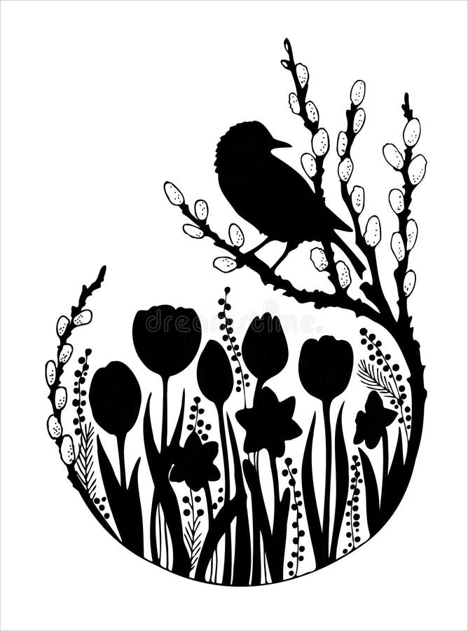 Decorative Spring Bird on a Tree Branch and Spring Flowers. Vector ...