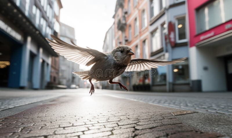 A Bird Flying Along an Urban Street, Illuminated by Warm Sunlight Stock ...