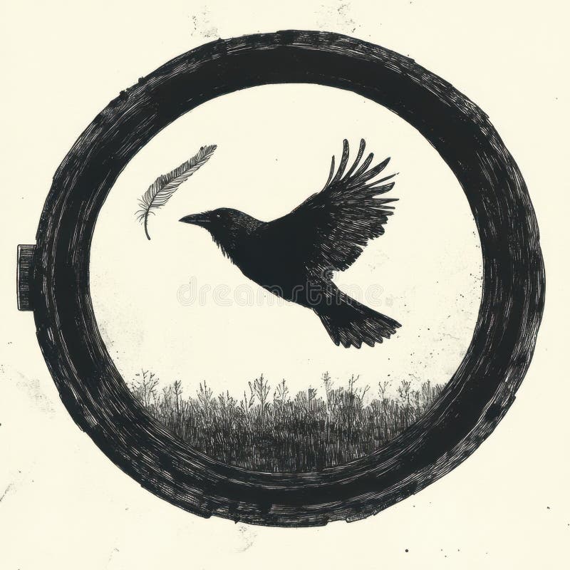 A Bird Flying through a Circle with a Feather in it Stock Illustration ...