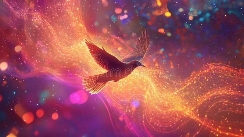 A Bird Flying through a Glowing, Sparkly, Wavy Sky Stock Illustration ...