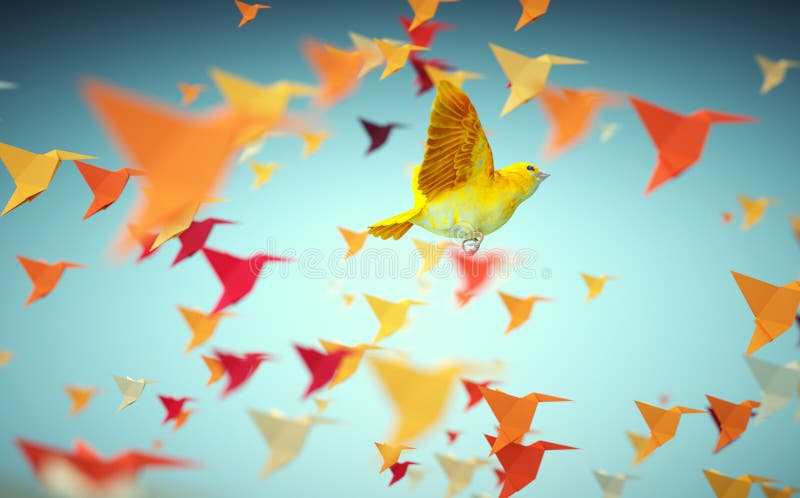 Bird Flying with a Group of Origami Birds. Think Outside the Box and Be ...