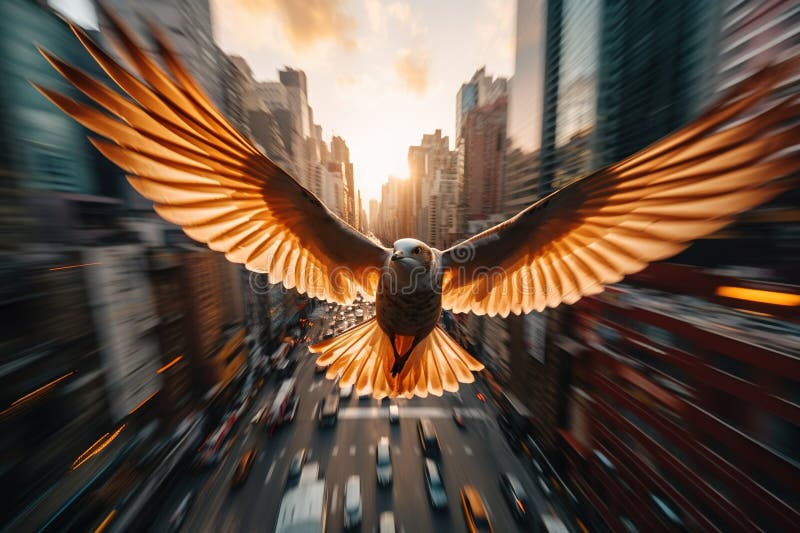 A Bird Flying Over a Bustling City Stock Illustration - Illustration of ...