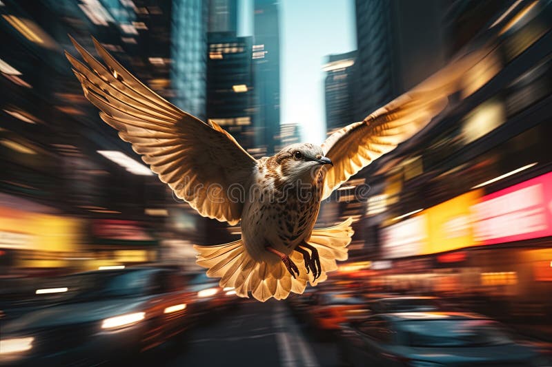 A Bird Flying Over a Bustling City Stock Illustration - Illustration of ...