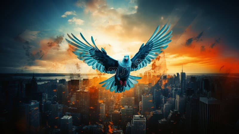 A Bird Flying Over a City at Sunset Stock Illustration - Illustration ...