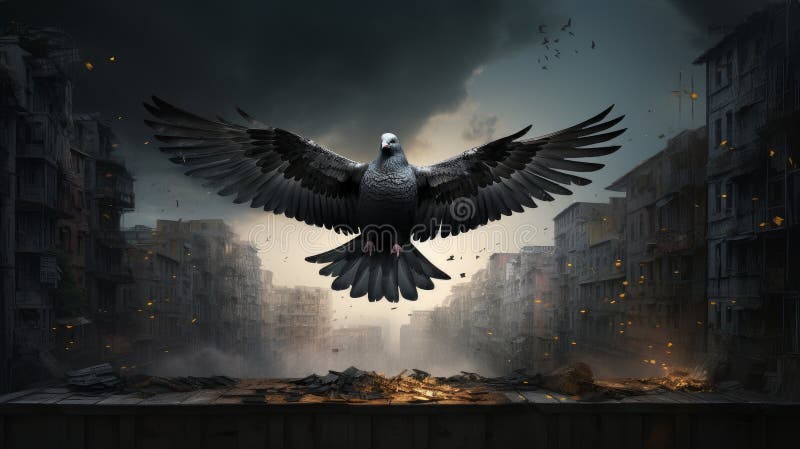A Bird is Flying Over a Destroyed City Stock Illustration ...