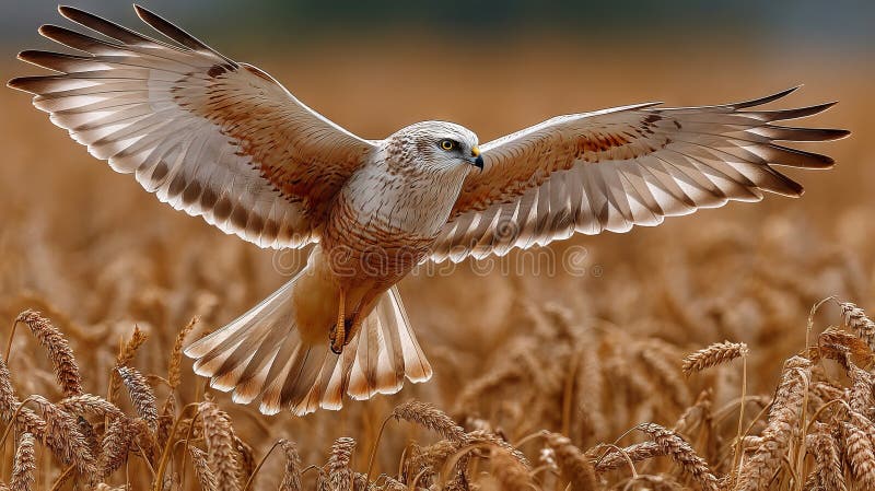 A Bird Flying Over a Field of Wheat Stock Image - Image of hawk, field ...