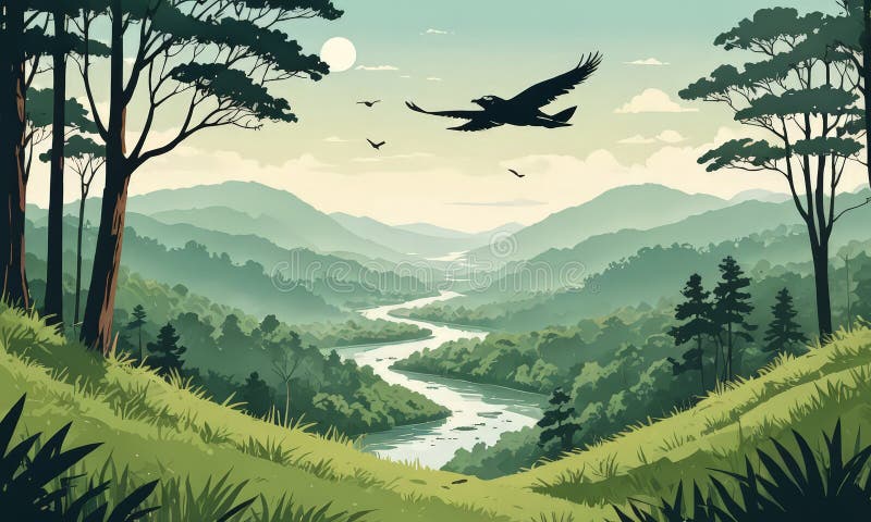 Bird Flying Over River in Forest Stock Illustration - Illustration of ...