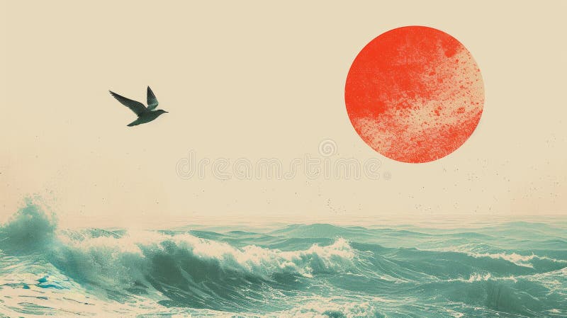 Bird Flying Over Stylized Ocean Waves with Textured Red Sun Stock Photo ...